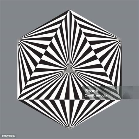 선형 동적 요소가 있는 육각형 모양입니다 추상적 인 기하학적 인 예술 라인 배경 로고 또는 문신 흑백 줄무늬가있는 착시 착시에