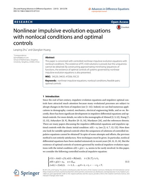 Pdf Nonlinear Impulsive Evolution Equations With Nonlocal Conditions And Optimal Controls
