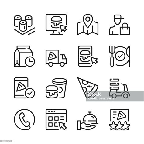 음식 배달 라인 아이콘 세트입니다 현대 그래픽 디자인 개념 간단한 선형 윤곽 요소 컬렉션 얇은 라인 디자인 벡터 선 아이콘 점심에 대한 스톡 벡터 아트 및 기타 이미지