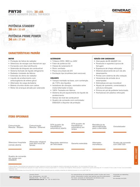Data Sheet Generac Pwy30 V 2020 Pdf Potência Física Engenharia Elétrica