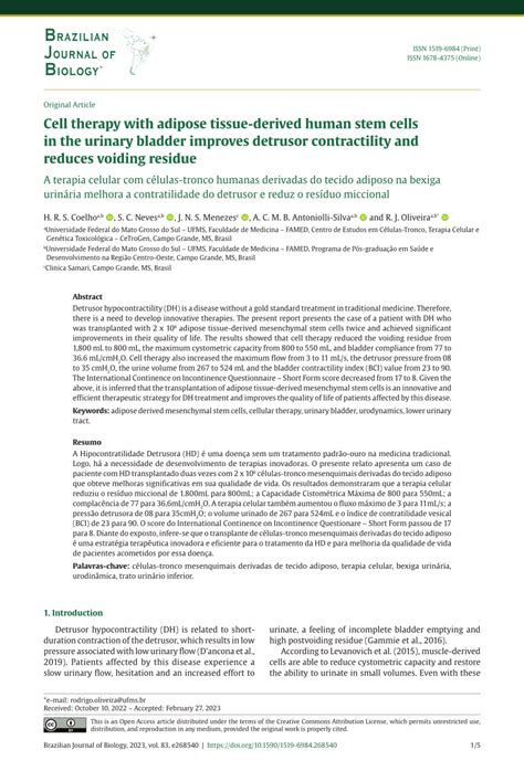 Pdf Cell Therapy With Adipose Tissue Derived Human Stem Cells In The Urinary Bladder Improves