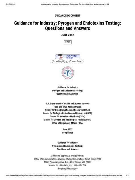 Endotoxins Pyrogens Testing Questions And Answers Fda Pdf Food And Drug Administration