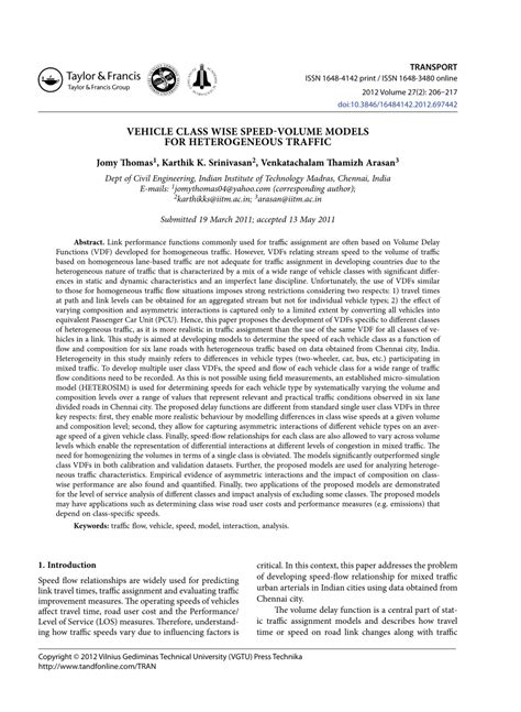 Pdf Vehicle Class Wise Speed Volume Models For Heterogeneous Traffic
