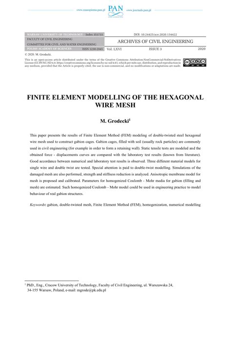 Pdf Finite Element Modelling Of The Hexagonal Wire Mesh