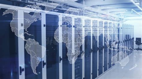 World Map Animation Over Data Center Servers In Modern Facility Stock Video Video Of Cloud