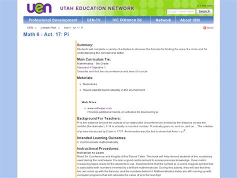 Pi Lesson Plan For 6th Grade Lesson Planet
