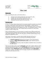 Cell Bio Lab Pdf AP BIOLOGY CELL UNIT ACTIVITY NAME Lindsey Glenn R DATE HOUR CELL