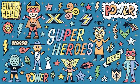 슈퍼 영웅 파워 재미 엉뚱한 낙서 2를 설정합니다 컬러 드로잉입니다 벡터 일러스트입니다 기이함에 대한 스톡 벡터 아트 및 기타 이미지 Istock