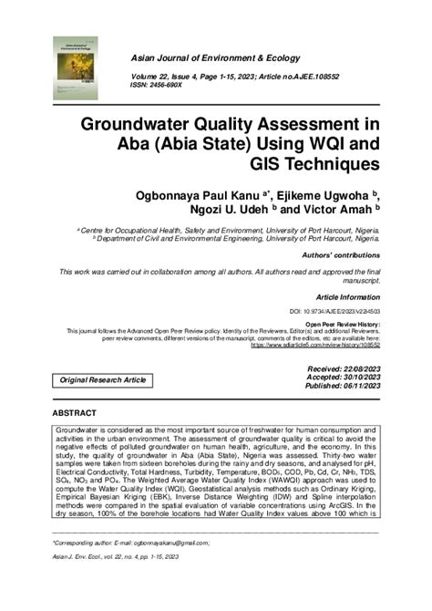 Pdf Groundwater Quality Assessment In Aba Abia State Using Wqi And Gis Techniques