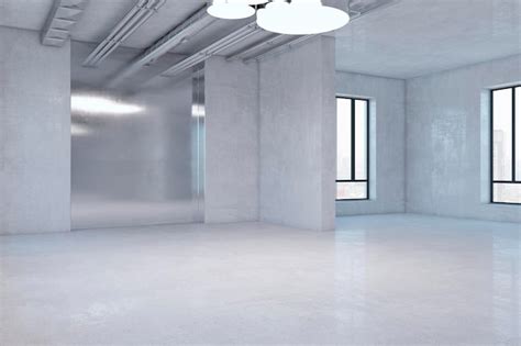 창문과 일광 3d 렌더링을 갖춘 추상적이고 단순한 콘크리트 룸 디자인 프리미엄 사진