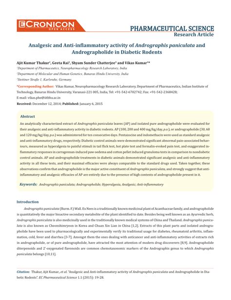 Pdf Analgesic And Anti Inflammatory Activity Of Andrographis Paniculata And Andrographolide In