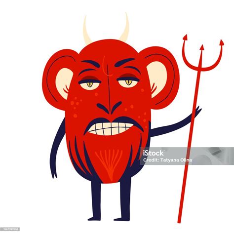 삼지창을 가진 붉은 악마 이상하고 못생긴 할로윈 캐릭터 현대적인 플랫 손으로 그린 스타일의 귀여운 기괴한 만화 캐릭터 강렬하고 밝은 색상에 대한 스톡 벡터 아트 및 기타