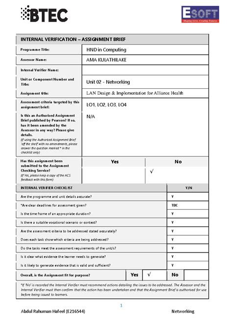 Networking Assignement 1 Internal Verification Assignment Brief Programme Title Hnd In