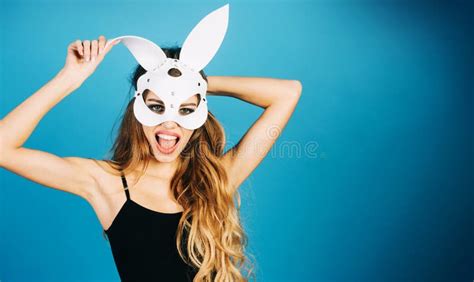 Happy Girl In Carnival Easter Rabbit Mask Sensual Woman In Lingerie And White Bunny Ears Stock