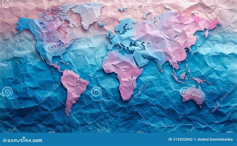 Pink And Blue Watercolor World Map On Crumpled Paper Background Stock