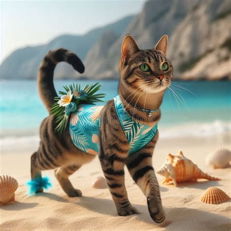 The Striped Cat In A Swimsuit Stock Illustration Illustration Of