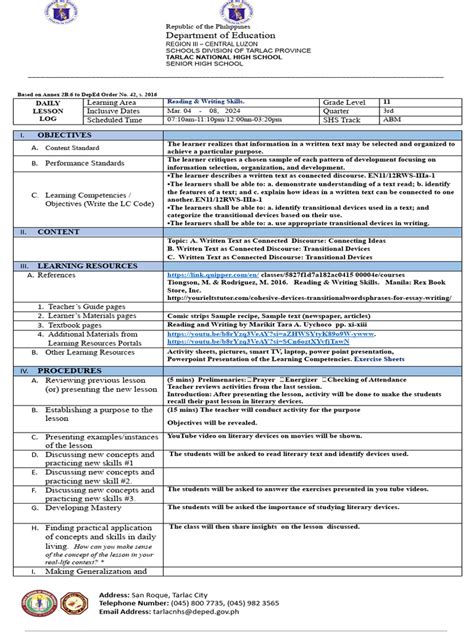 Rcd Daily Lesson Log Readingsem 2023 2024 Second Sem Week Fifth Pdf Learning Teachers