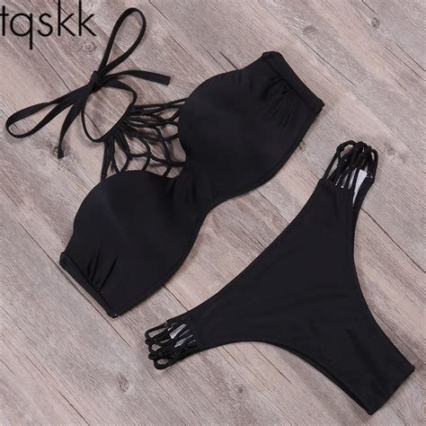 Tqskk 2019 New Retro Halter Top Push Up Bikinis Dress Swimsuit Female