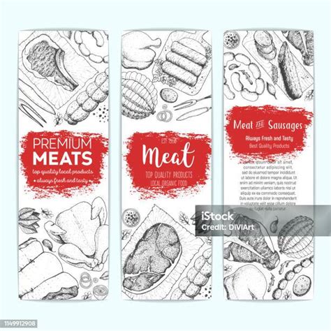 고기 평면도 배너 컬렉션입니다 벡터 일러스트 레이 션 집합입니다 새겨진 디자인 손으로 그린 그림입니다 육류 제품 디자인 서식 파일입니다 고기에 대한 스톡 벡터 아트 및 기타
