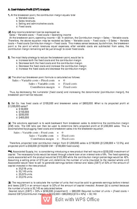 MS Cvp CVP Practice Test A Cost Volume Profit CVP Analysis At The Breakeven Point The