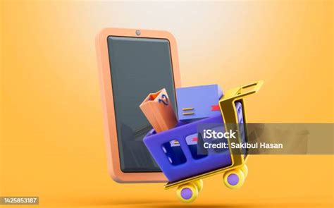 쇼핑 카트 소포 상자 가방 기호 3d 렌더링 개념과 스마트 폰 3차원 형태에 대한 스톡 사진 및 기타 이미지 3차원 형태 고객 공부 Istock