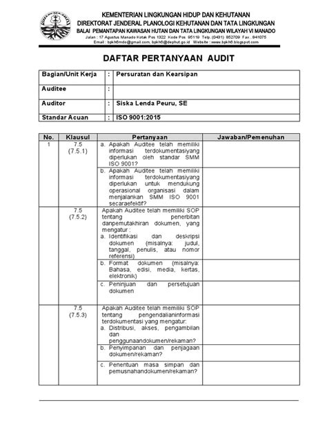 Form Daftar Pertanyaan Audit Persuratan Dan Kearsipan Pdf