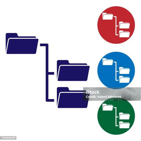 파란색 폴더 트리 아이콘 흰색 배경에 고립입니다 컴퓨터 네트워크 파일 폴더 구성 순서도 원 버튼의 색상 아이콘을 설정 합니다 벡터 일러스트 0명에 대한 스톡 벡터 아트 및