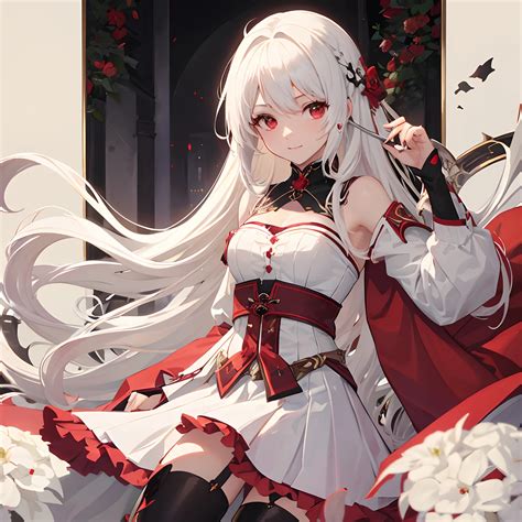 Anime Girl With Long White Hair And Red Cape Sitting On A Bed Seaart Ai