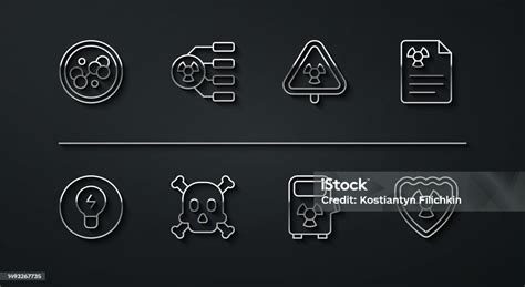 세트 라인 분자 아이디어 개념이 있는 전구 방사선 경고 문서 전기 자동차 충전소 뼈와 두개골 방사능 방패 및 삼각형 방사선 아이콘 벡터 검은색에 대한 스톡 벡터 아트 및