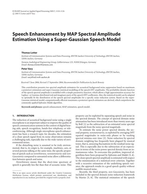 PDF Speech Enhancement By MAP Spectral Amplitude Estimation Using A Super Gaussian Speech Model