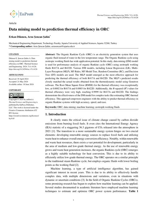 Pdf Data Mining Model To Prediction Thermal Efficiency In Orc