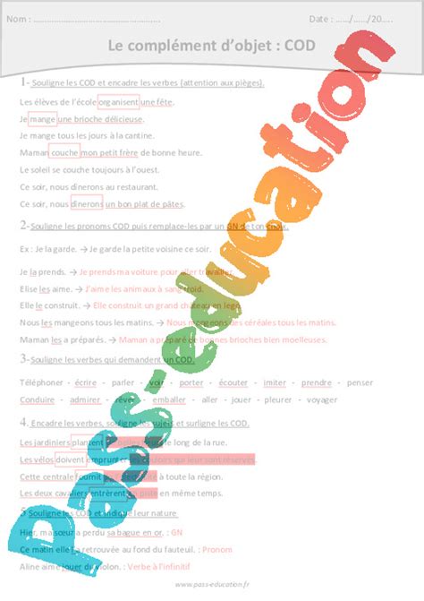 Complément dobjet COD Cm1 Exercices avec correction Cycle 3 PDF à imprimer