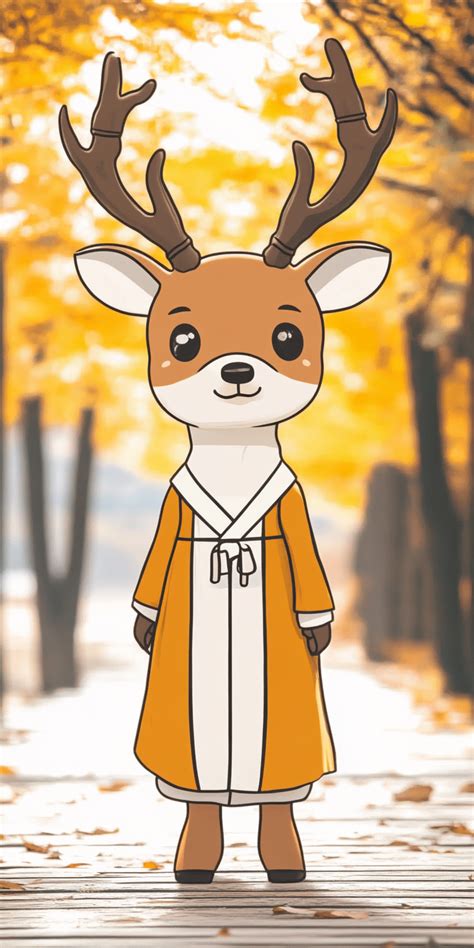 조선의 전통 복장을 입고 있는 사슴 캐릭터 남자 한복을 입고 있는 모습 아름다운 뱃길에서 우아하게 서 있는 전통적인 한국의 미를 강조한 이미지