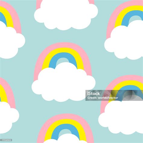 구름 다채로운 무지개입니다 원활한 패턴 귀여운 만화 가와이 재미 아기 아이 장식입니다 포장지 섬유 템플릿 보육 장식 파란색 배경입니다 플랫 디자인 0명에 대한 스톡 벡터