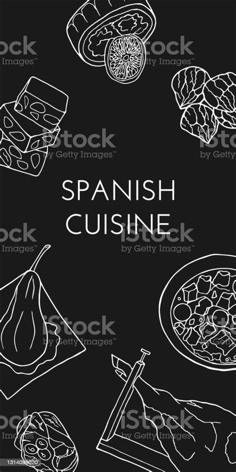 전통 스페인 요리 와 디저트와 손으로 그린 포스터 메뉴 카페 비스트로 레스토랑 베이커리 및 포장을위한 디자인 스케치 요소 검은 색 배경에 흰색 벡터 그림 검은색에 대한 스톡