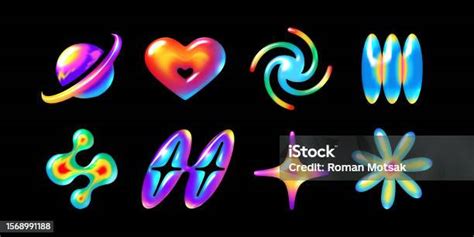 Y2k 스타일로 설정된 3d 네온 오브젝트 디자인 프로젝트를 위한 생동감 넘치는 행성 하트 별 꽃 은하 밀레니엄에 대한 스톡 벡터 아트 및 기타 이미지 Istock
