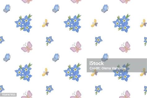 흰색 배경에 손으로 그린 수채화 원활한 패턴 나비와 잊어 버린 나 Nots 구성 섬유 스크랩 북 포장지 어떤 경우에 대한 꽃 장식 계절에 대한 스톡 벡터 아트 및 기타