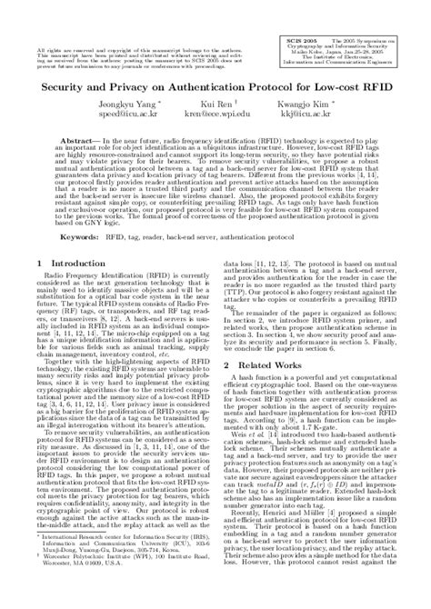 Pdf Security And Privacy On Authentication Protocol For Low Cost Rfid