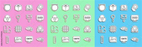 Set Line Red Eye Effect Laptop And Gear Speech Bubble With Rgb Cmyk Cursor Magnifying Glass