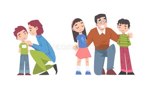 Padre Y Madre Hablando Con Su Hijo E Hija Apoyando El Conjunto De Ilustraciones Vectoriales