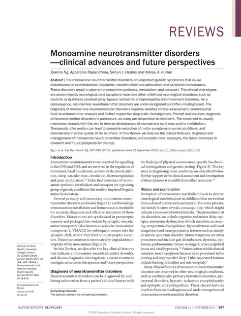 Pdf Monoamine Neurotransmitter Disorders Clinical Advances And Future Perspectives