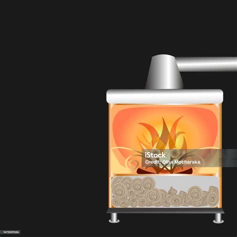 장작 쟁반과 함께 금속 요소로 만든 화격자가있는 현대 금속 벽난로 굴뚝에 대한 스톡 벡터 아트 및 기타 이미지 굴뚝 실내 개념 Istock