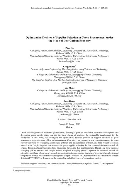 Pdf Optimization Decision Of Supplier Selection In Green Procurement