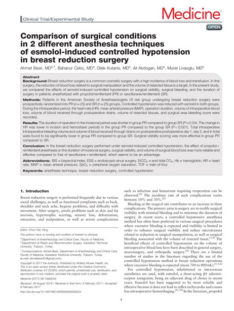 Pdf Comparison Of Surgical Conditions In 2 Different Anesthesia Techniques Of Esmolol Induced