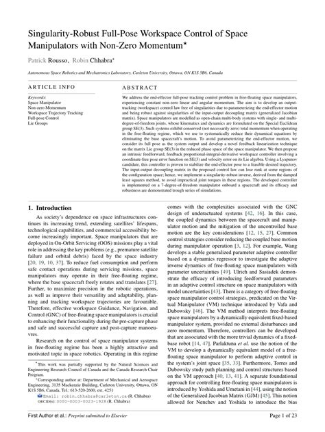 Pdf Singularity Robust Full Pose Workspace Control Of Space