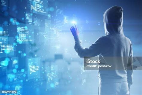 Hacker Using Creative Binary Coding Hologram On Blurry Background Software Programming Code And