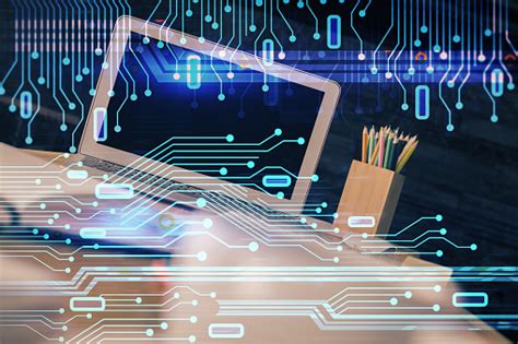 데스크톱 컴퓨터 및 기술 테마 홀로그램의 이중 노출 소프트웨어 개발의 개념 0명에 대한 스톡 사진 및 기타 이미지 0명 개념 개발 Istock