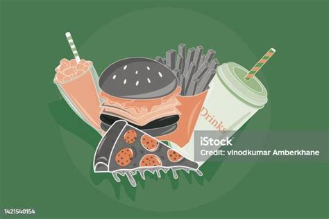 화려하고 맛있는 패스트 푸드 또는 정크 푸드 식사 세트 벡터는 아마존 배경에 있습니다 치즈 버거 밀크 셰이크 또는 마시멜로 차가운 음료 프랑스 화재 및 피자 조각과 차가운