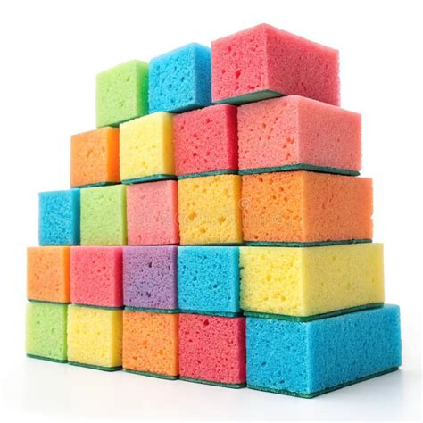 Colorful Sponges Stacked In A Grid Isolated On White Background Stock