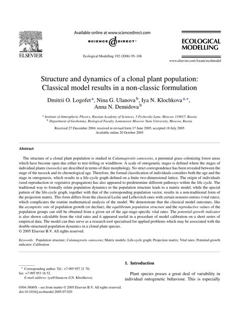 Pdf Structure And Dynamics Of A Clonal Plant Population Classical Model Results In A Non